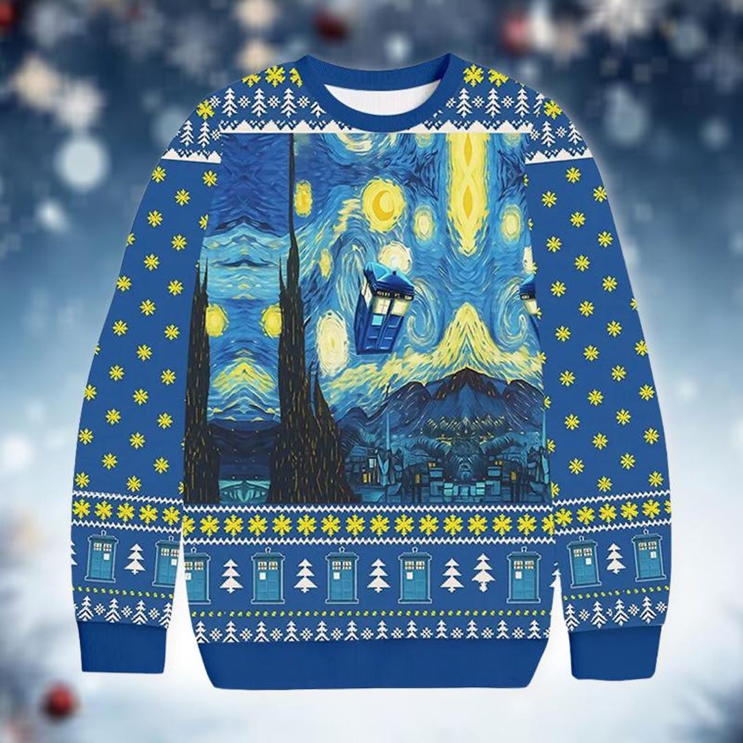 Starry Night Police Box Ugly Christmas Sweater, Sci-fi Art Crossover ...