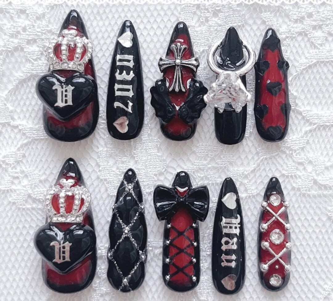 Gothic Press on Nails Red Black | Y2K Long Baddie Fake Nails With ...