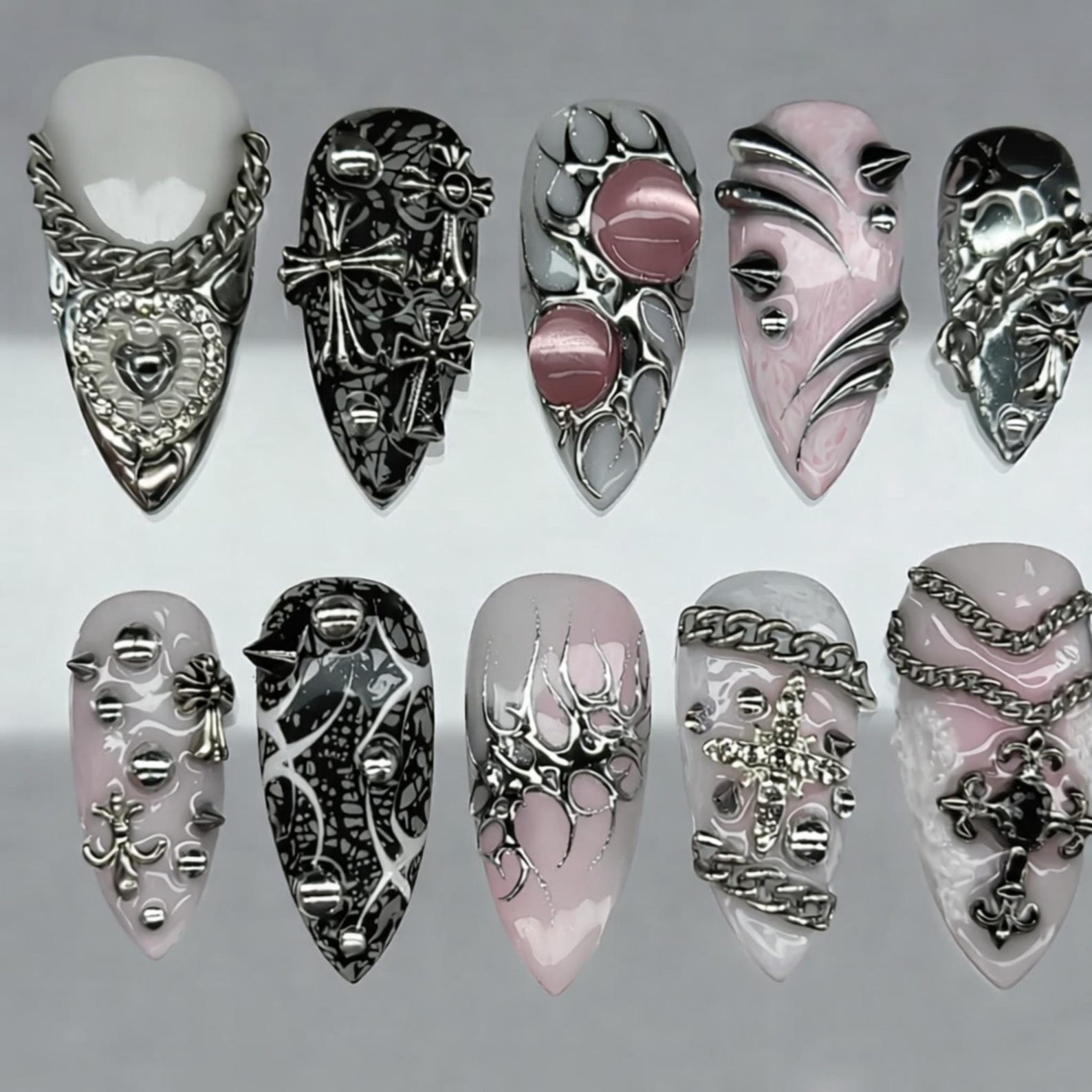 Gothic Chain Press on Nails | Pink Silver Spikes & Charms | Handmade ...