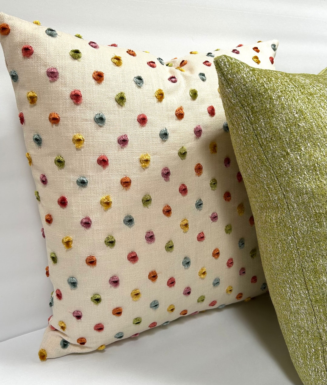 16” Cream Linen Pillow Covers - Dots Embroidered Tufts - Kravet Couture ...