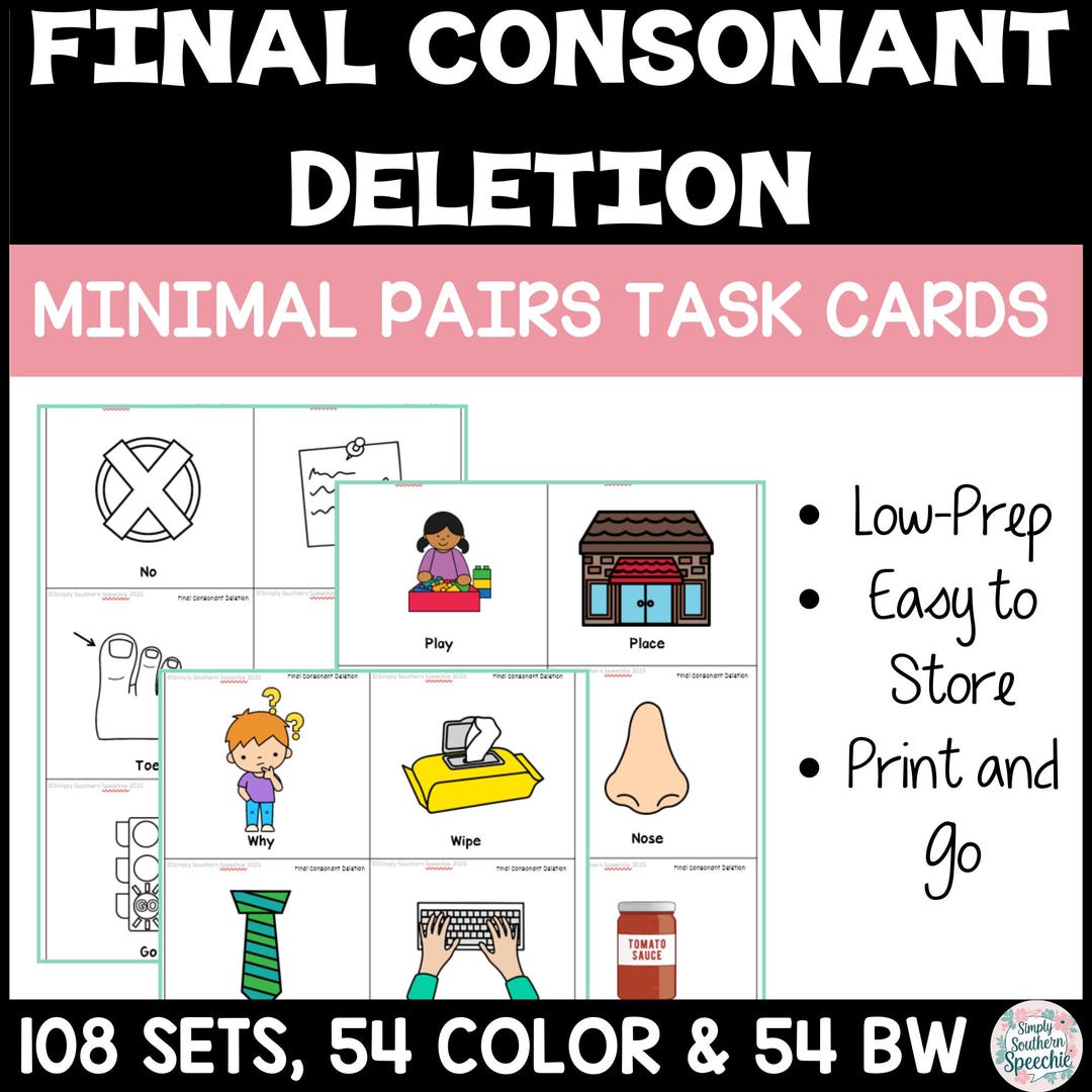 Final Consonant Deletion Minimal Pairs Task Cards | Phonological ...