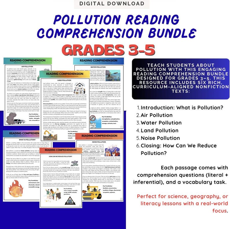 Pollution Reading Comprehension Bundle | Grades 3–5 | Air, Water, Land ...