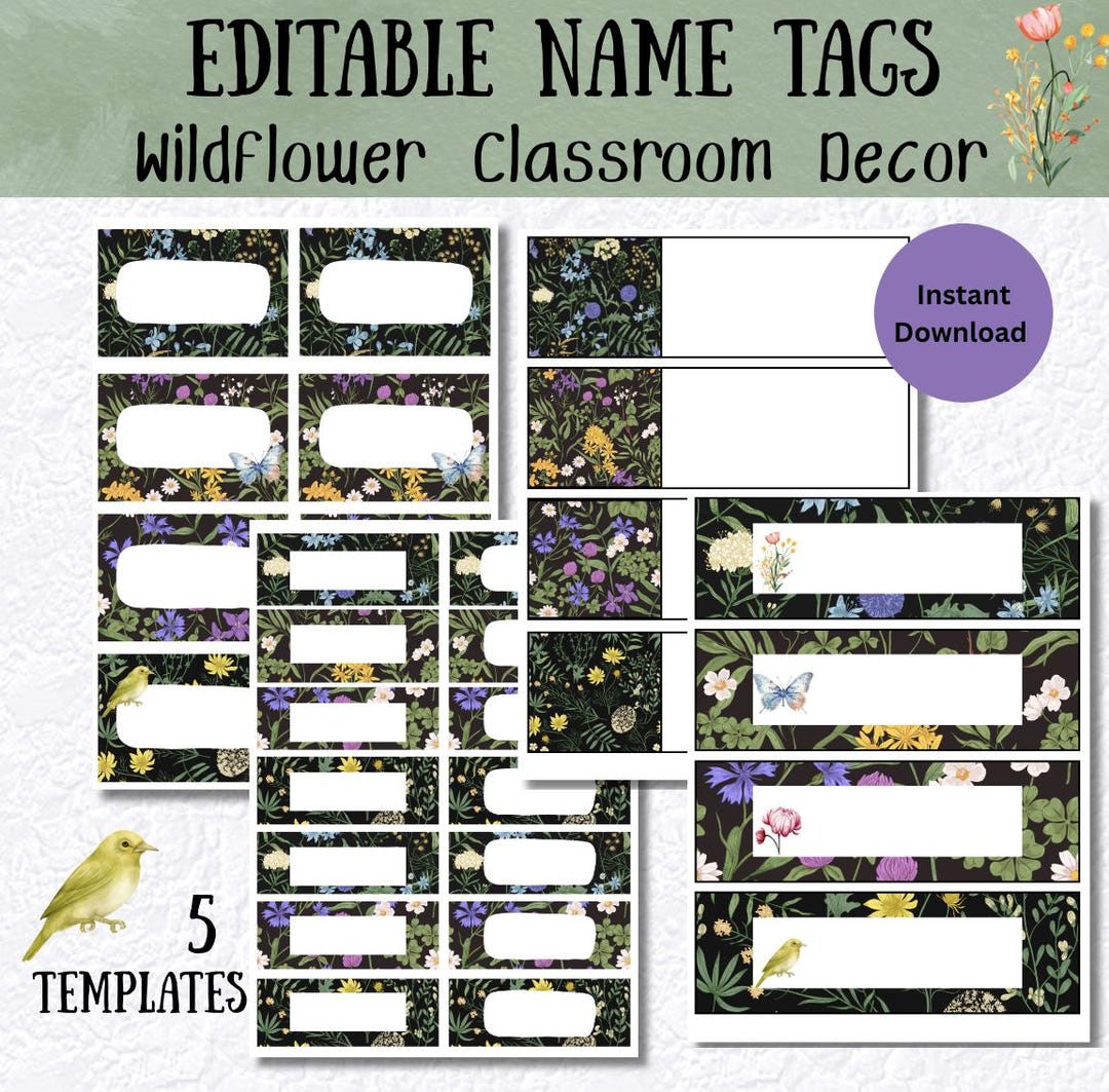 Editable Name Tags – 4 Sizes | Classroom Labels - Wildflower Dark Green ...