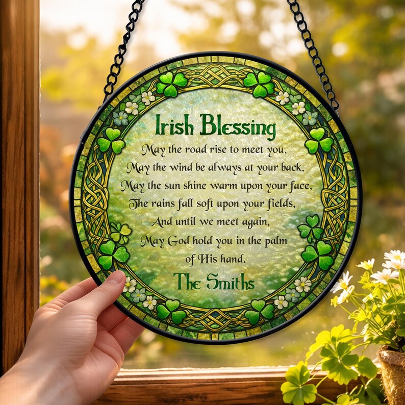 Irish Blessing Suncatcher, Stained Glass Style, Shamrock Celtic Decor ...