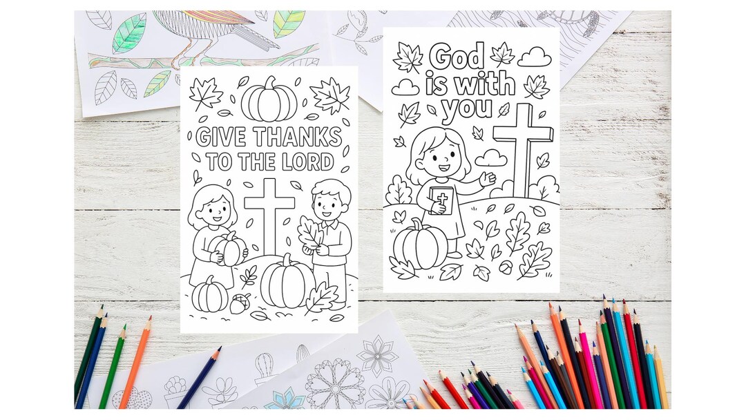 Two Fall Christian Coloring Pages - God is With You & Give Thanks to ...