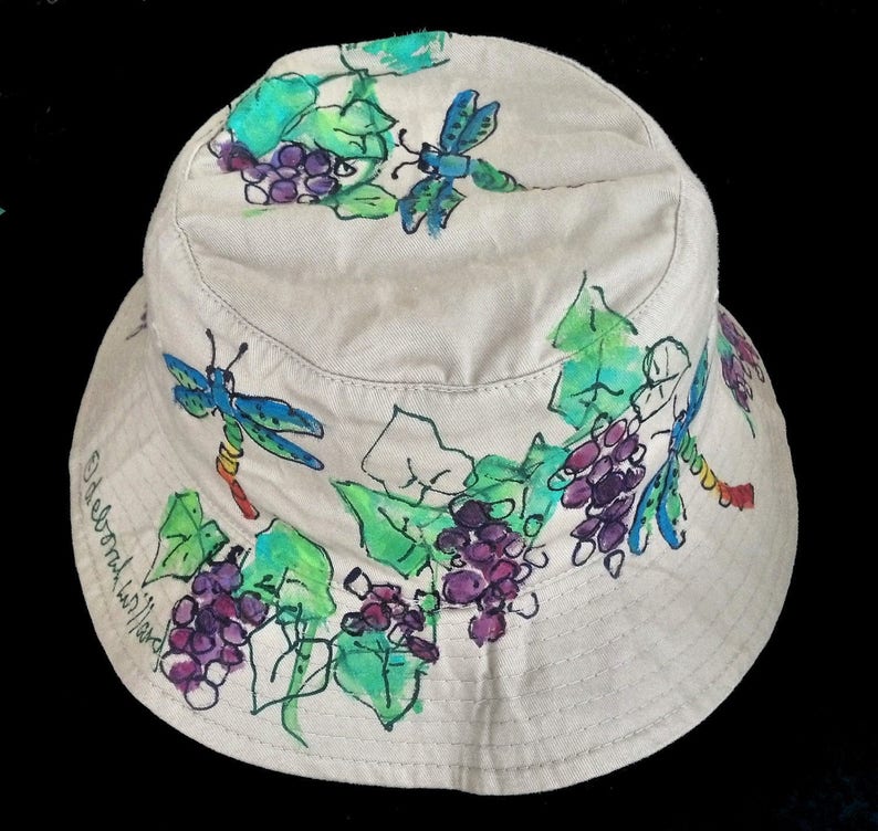 Purple Grapes & Grapevine With Dragonflies Handpainted Bucket Hat - Etsy