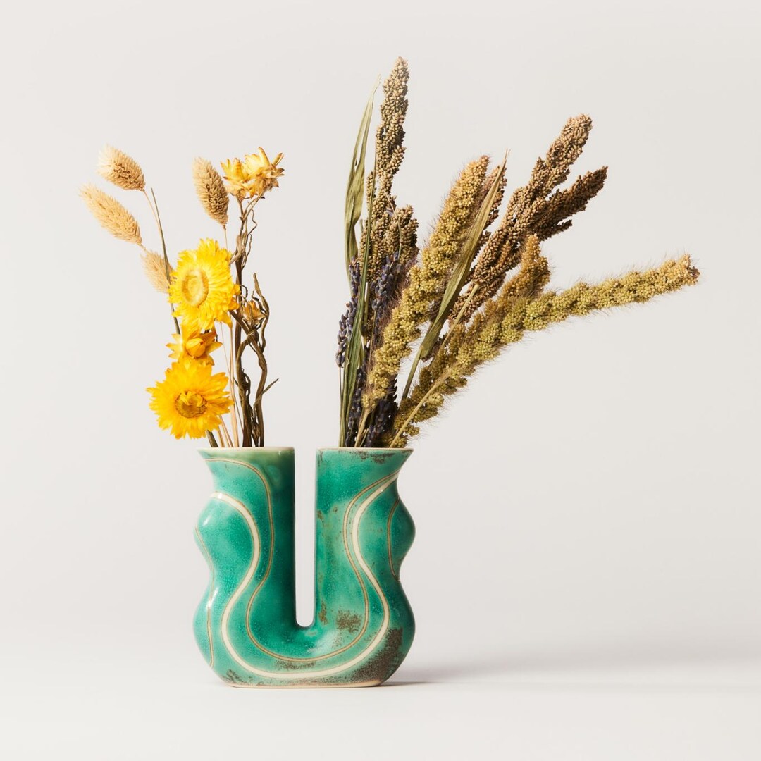 Squiggly Vase in Patina and Pink— Handmade Porcelain Sculpture Vase ...