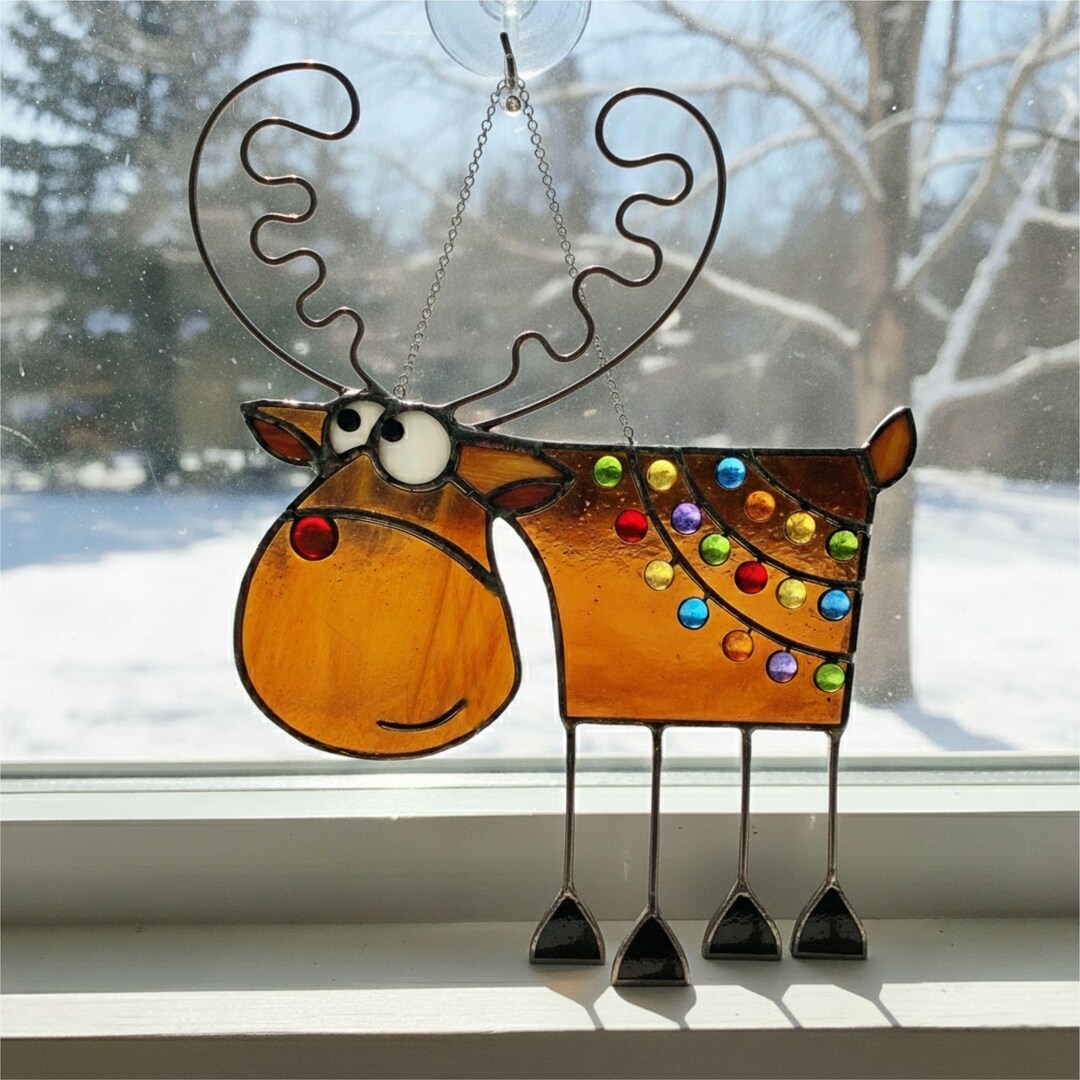 Funny Reindeer Suncatcher, Whimsical Stained Glass Art, Colorful Gem ...