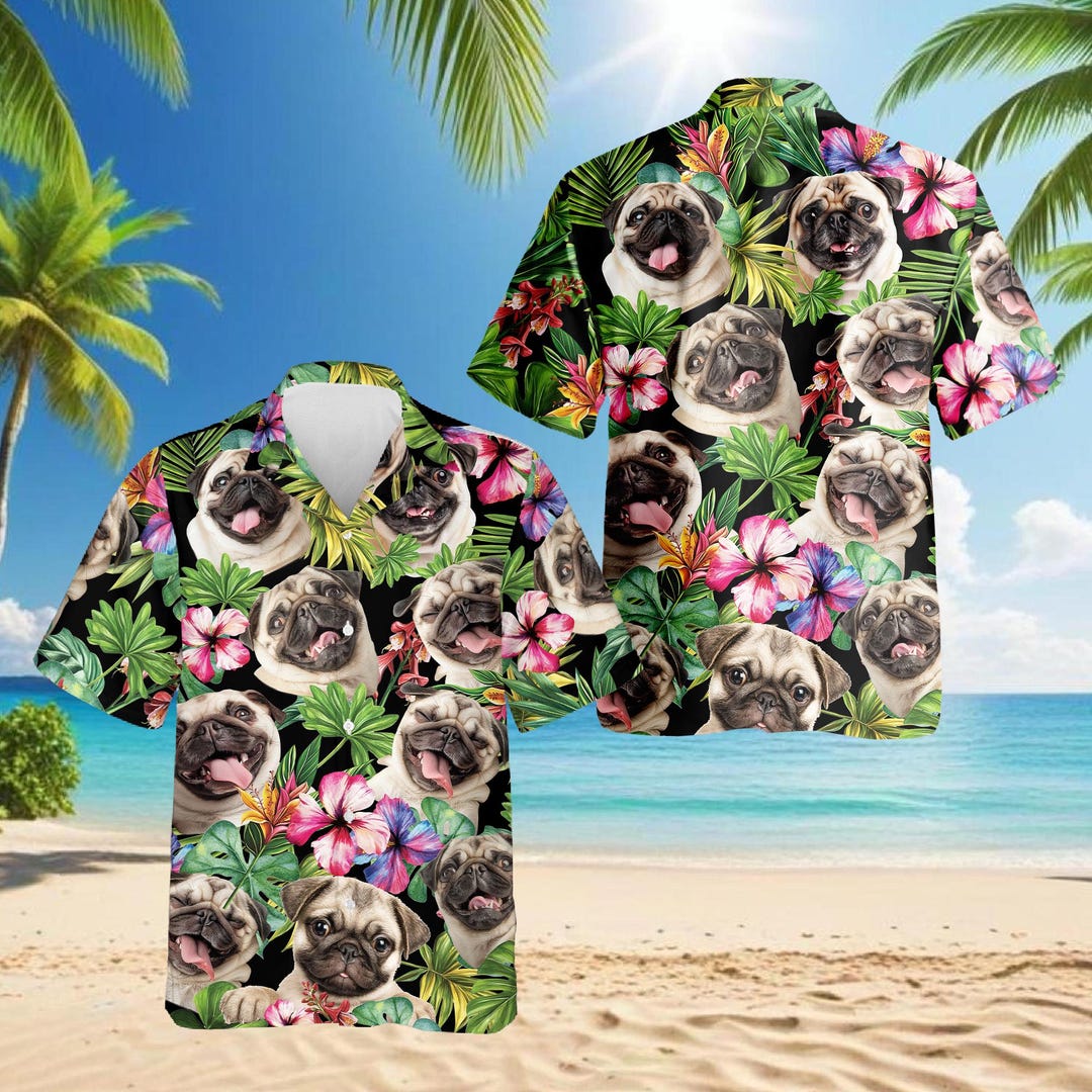 Pug Hawaiian Shirt for Men, Cute Dog Aloha Shirt, Tropical Pug Face ...