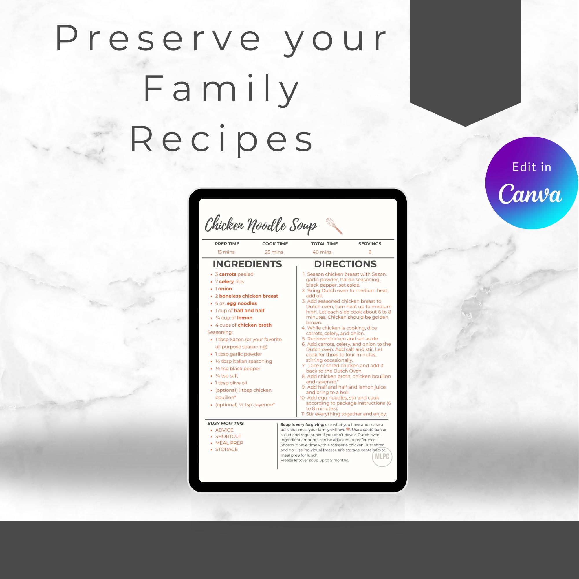 Chicken Noodle Soup Recipe Template: Printable, Instant Download (canva ...