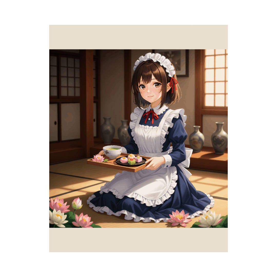 Chibi Maid Lotus Tea Illustration Satin Poster | Anime Tea House Scene ...