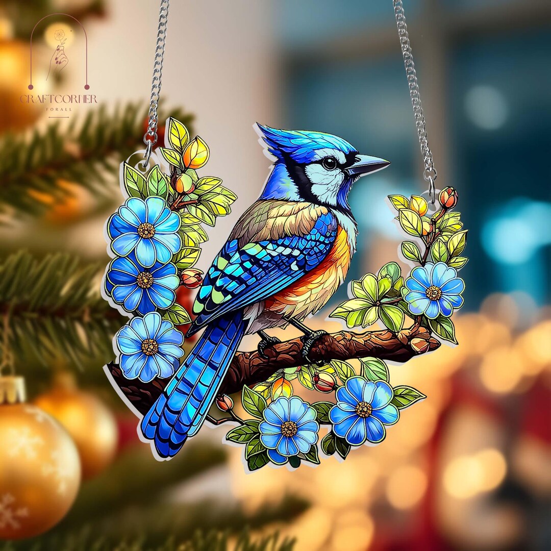 Blue Jay Acrylic Window Hanging,christmas Decor, Nature Decor, Flower ...