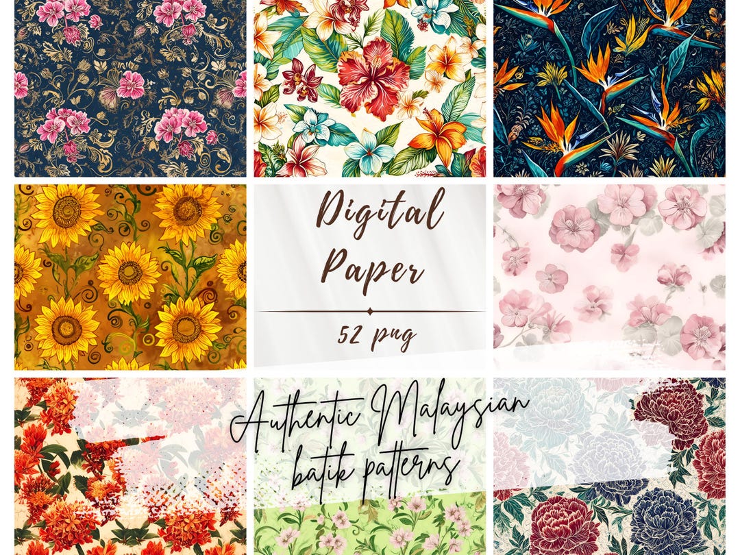 Malaysian Batik Digital Paper Bundle | Tropical Floral Patterns ...