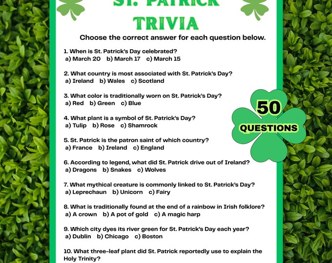 St. Patrick's Day Trivia Quiz – 50 Irish Fun Facts (printable PDF) - Etsy