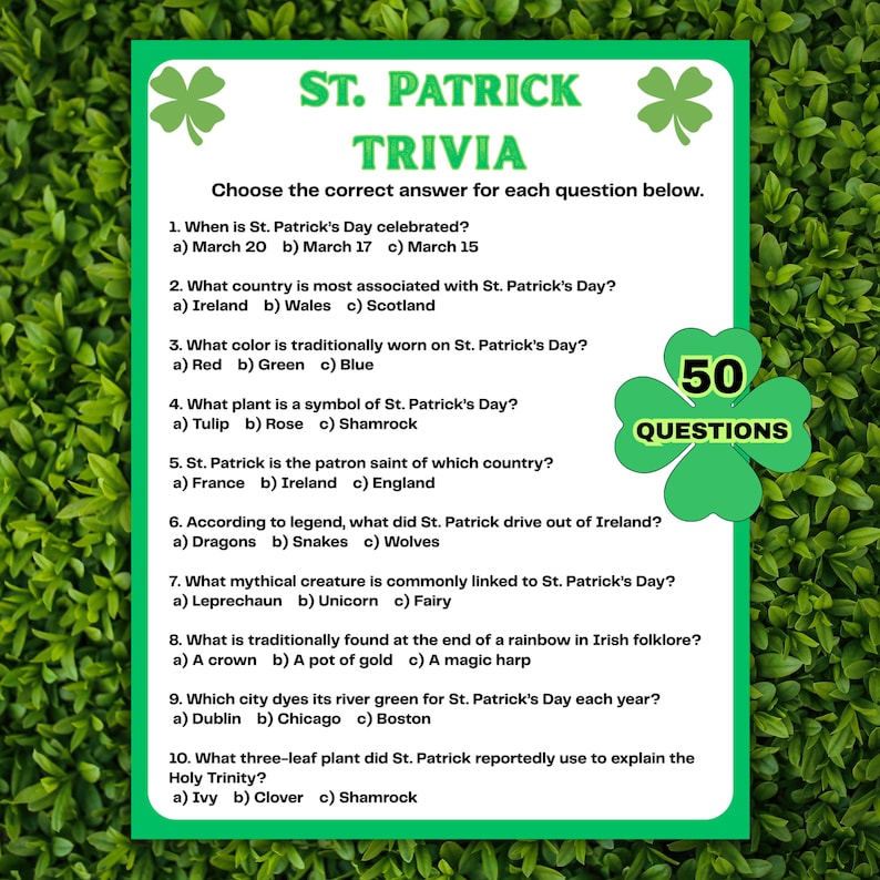 St. Patrick's Day Trivia Quiz – 50 Irish Fun Facts (printable PDF) - Etsy