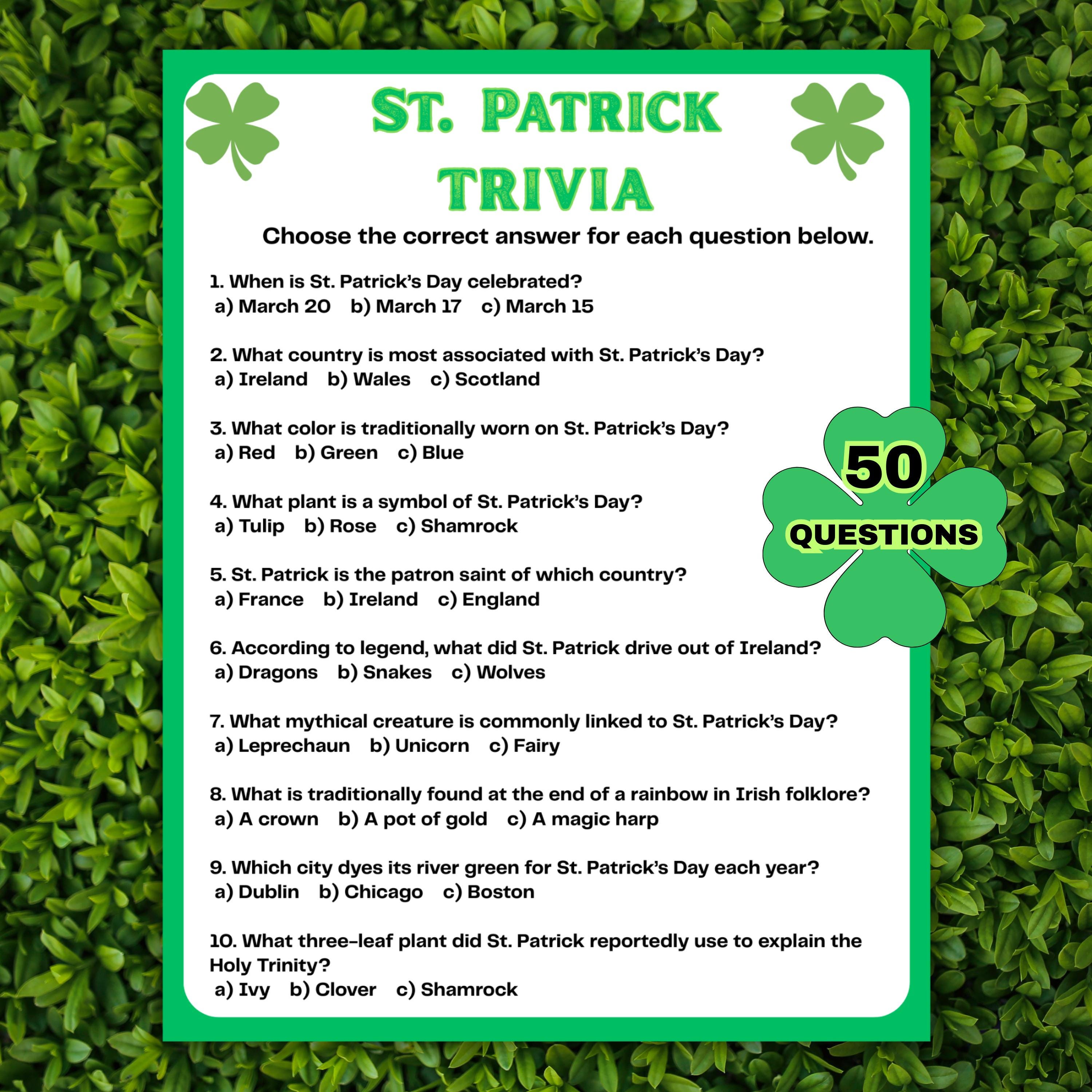St. Patrick's Day Trivia Quiz – 50 Irish Fun Facts (printable PDF) - Etsy