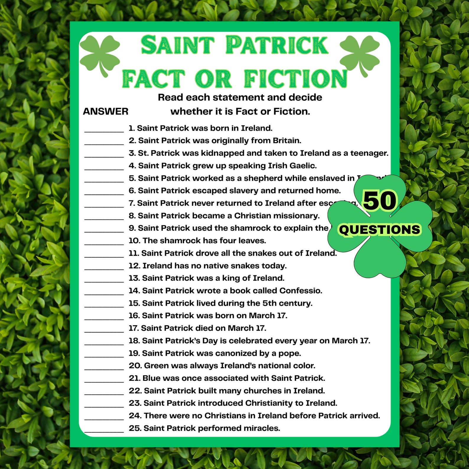 St. Patrick's Day Trivia Game | 50 Fact or Fiction Questions (printable ...