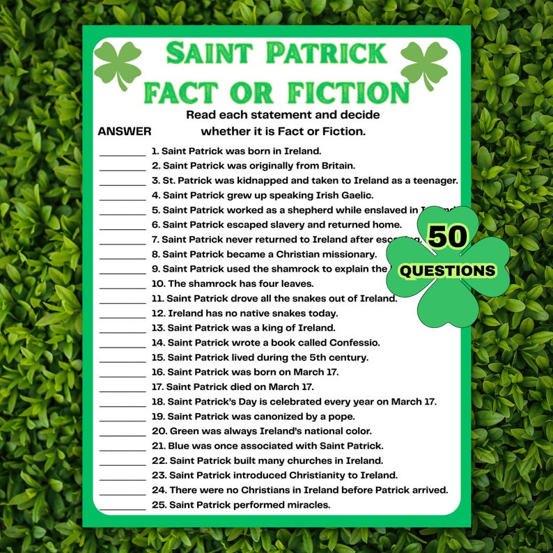 St. Patrick's Day Trivia Game | 50 Fact or Fiction Questions (printable ...