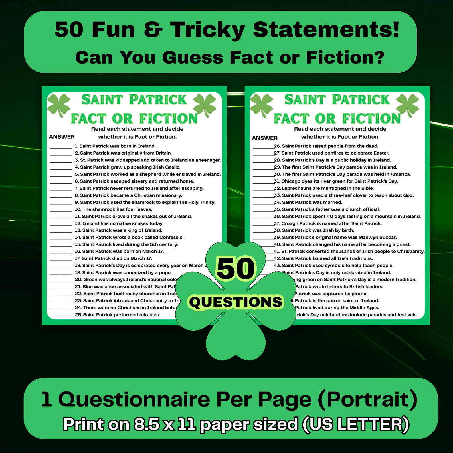 St. Patrick's Day Trivia Game | 50 Fact or Fiction Questions (printable ...
