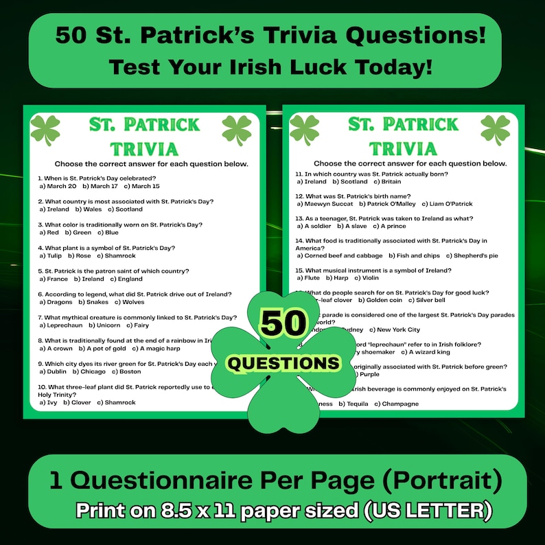 St. Patrick's Day Trivia Quiz – 50 Irish Fun Facts (printable PDF) - Etsy