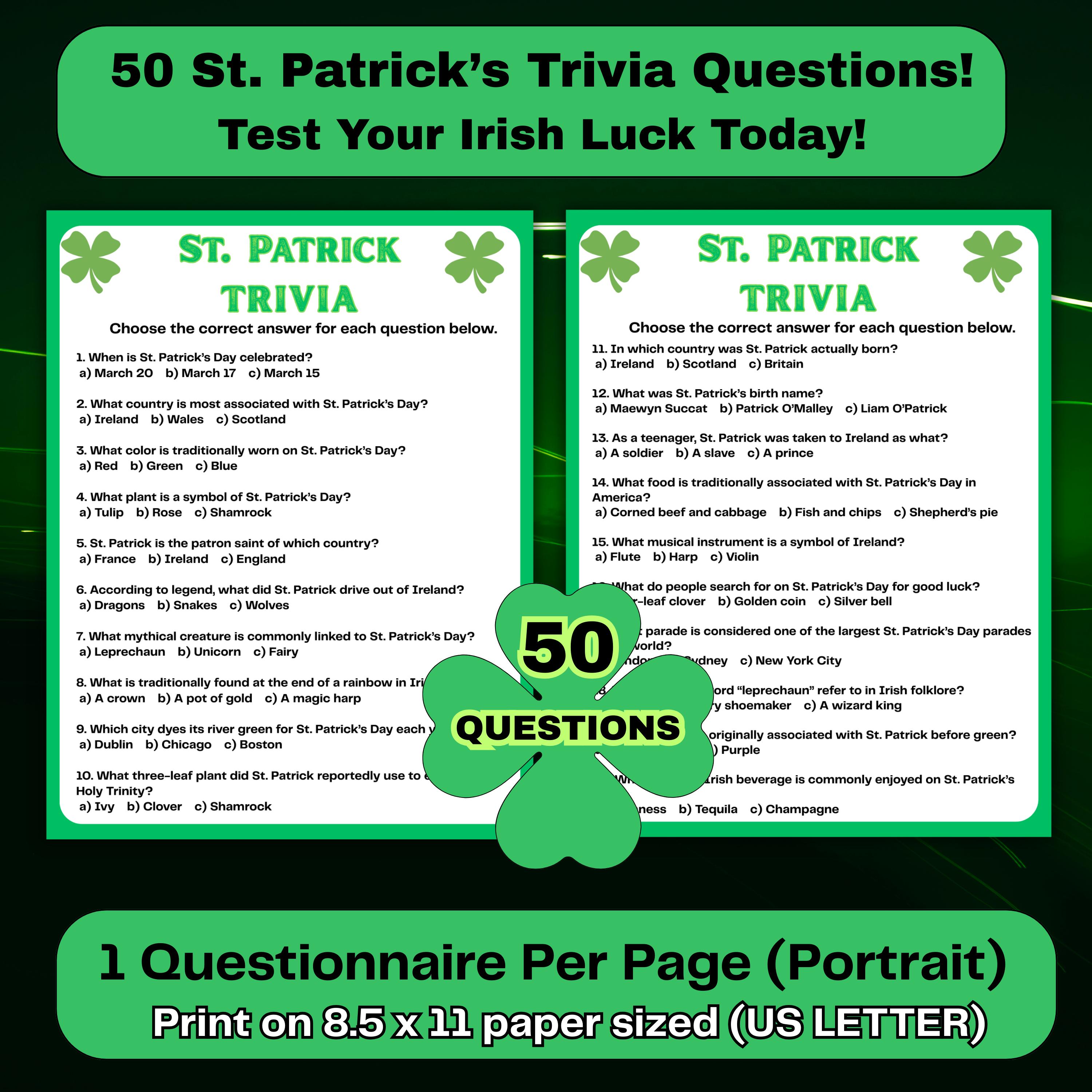 St. Patrick's Day Trivia Quiz – 50 Irish Fun Facts (printable PDF) - Etsy