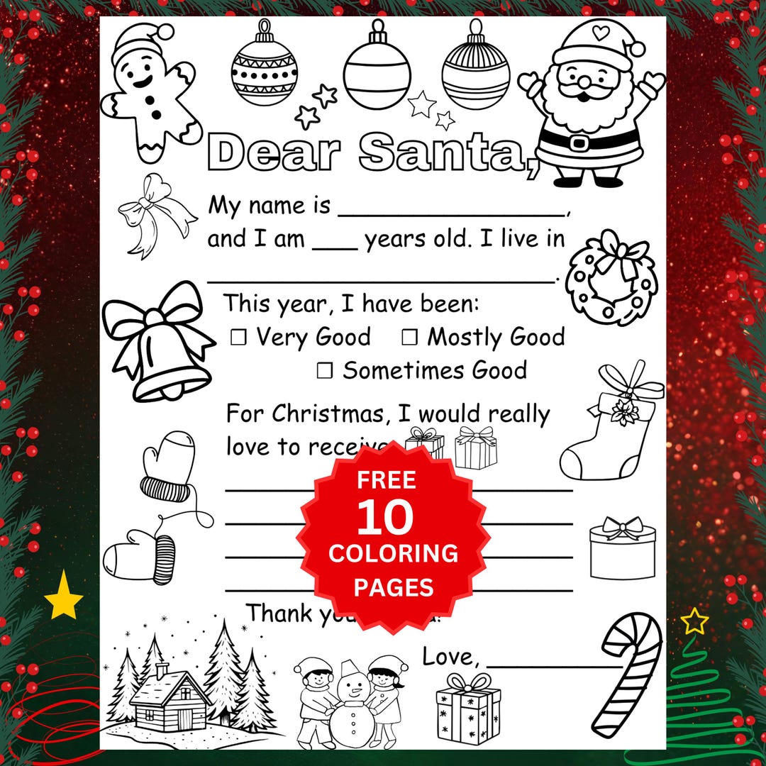 Letter to Santa Coloring Page, Kid's Christmas Wish List (printable PDF ...