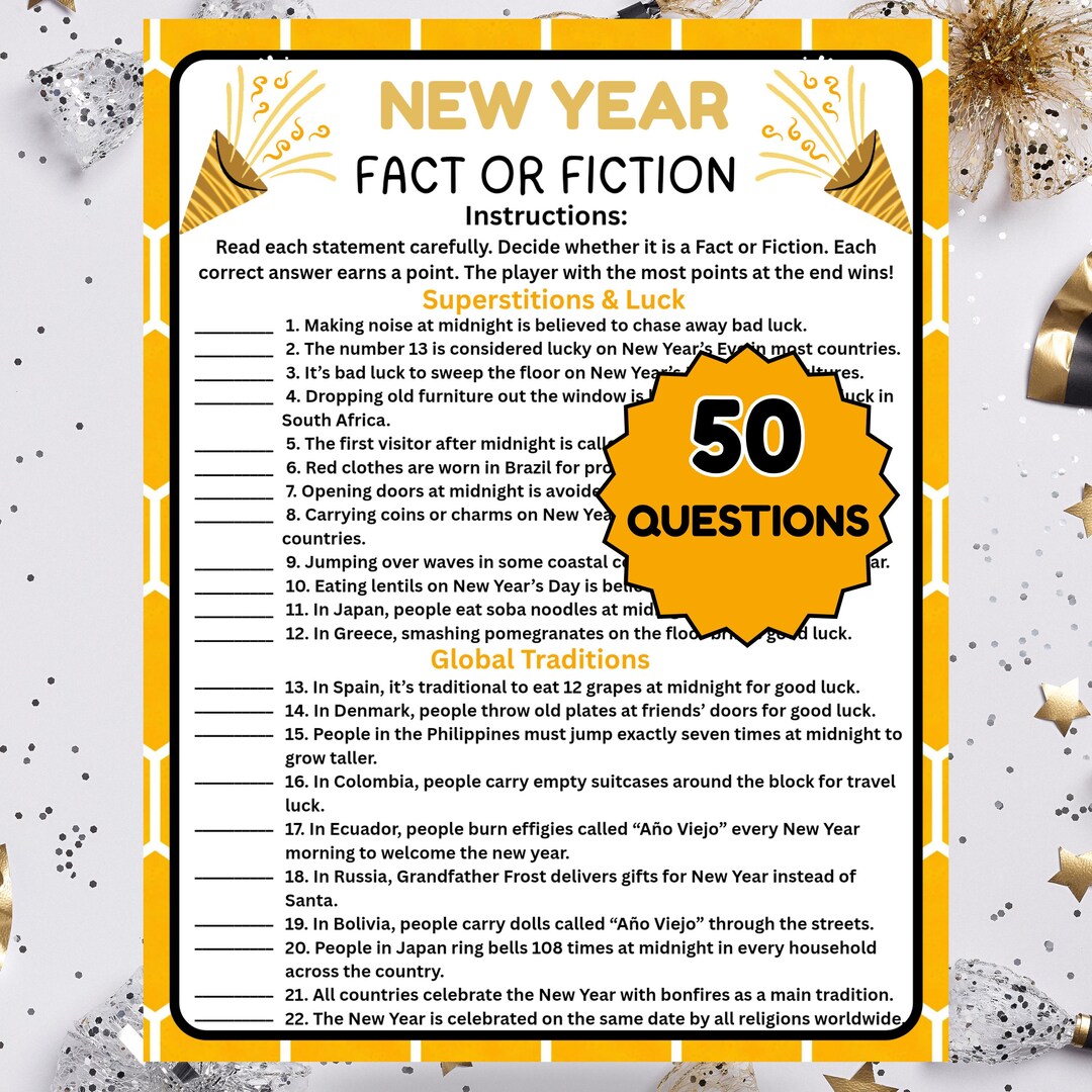 New Year Facts or Fiction Game | Fun Party Printable Trivia | New Year ...