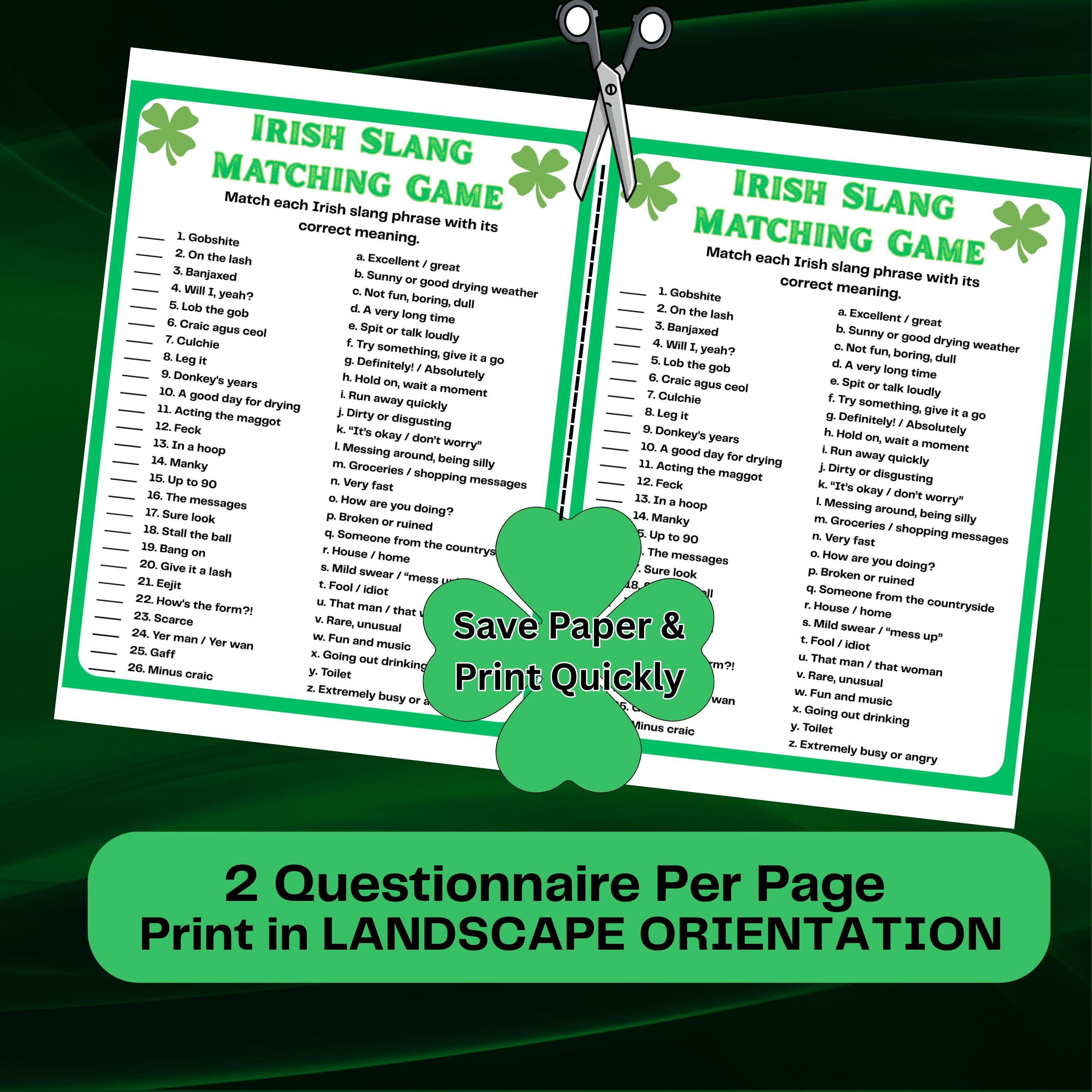 St. Patrick’s Day Irish Slang Matching Game – Printable Party Game for ...