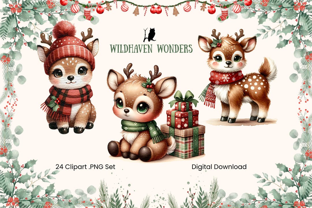 Watercolor Christmas Clipart Set | Reindeer, Santa, Trees (digital ...