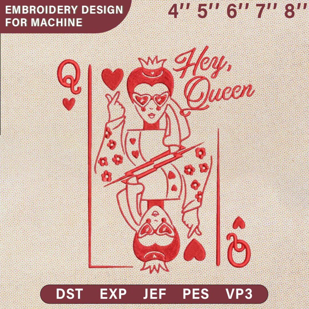 Hey Queen Playing Card Embroidery Design,red Sketch Heart Sunglasses ...