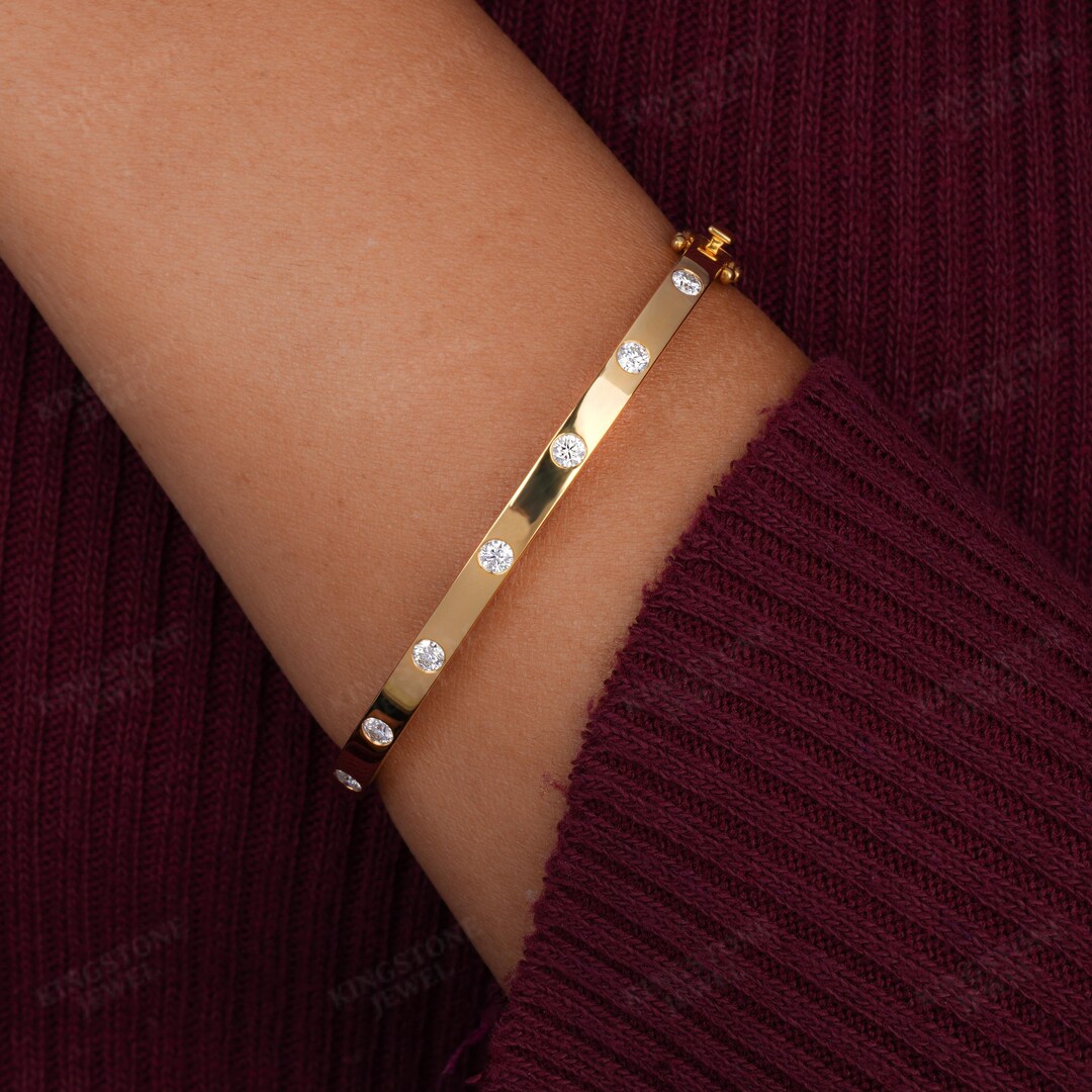 14K Gold Lab Grown Diamond Bangle Bracelet, Flush Set - Etsy