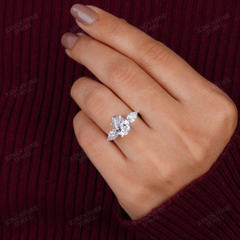 Pear Cut 14K Solid Rose Gold Lab Diamond Engagement Ring | 3 Stone ...