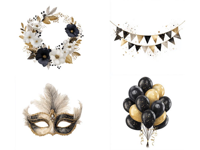 New Years Eve Clipart Black Gold NYE PNG Watercolor Party Decor ...