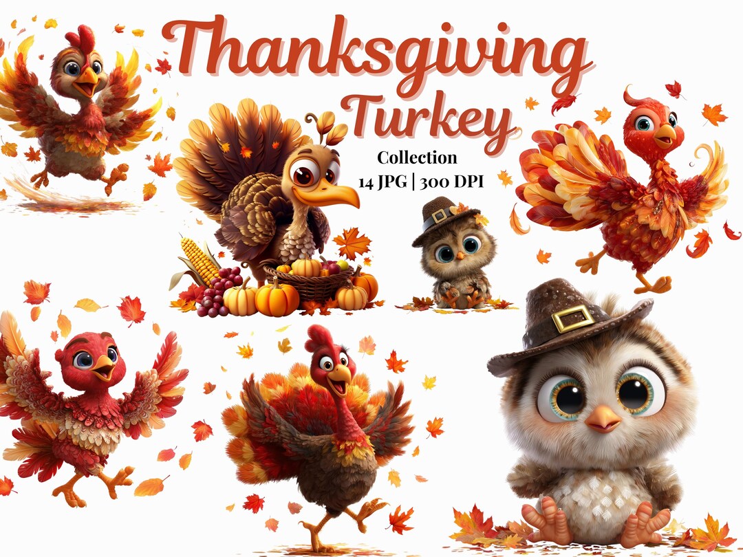 Thanksgiving Turkey Clipart Cute Fall Turkeys Autumn JPG Bundle ...