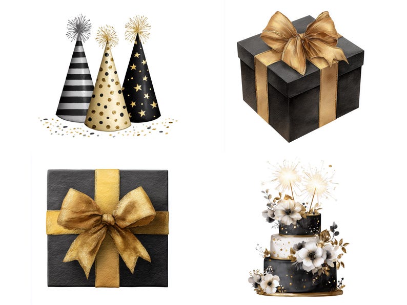 New Years Eve Clipart Black Gold NYE PNG Watercolor Party Decor ...