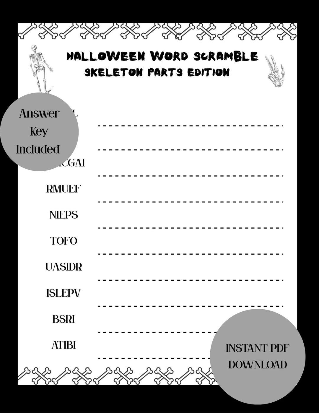 Halloween Word Scramble: Skeleton Anatomy Game for Kids (printable ...