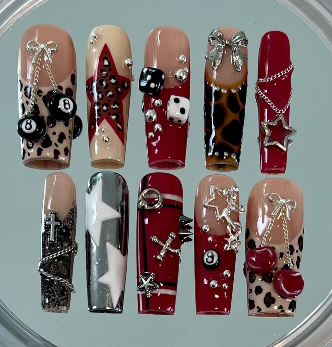 Y2K Cherry Dice Press on Nails – Red Leopard Print With Chains, Stars ...