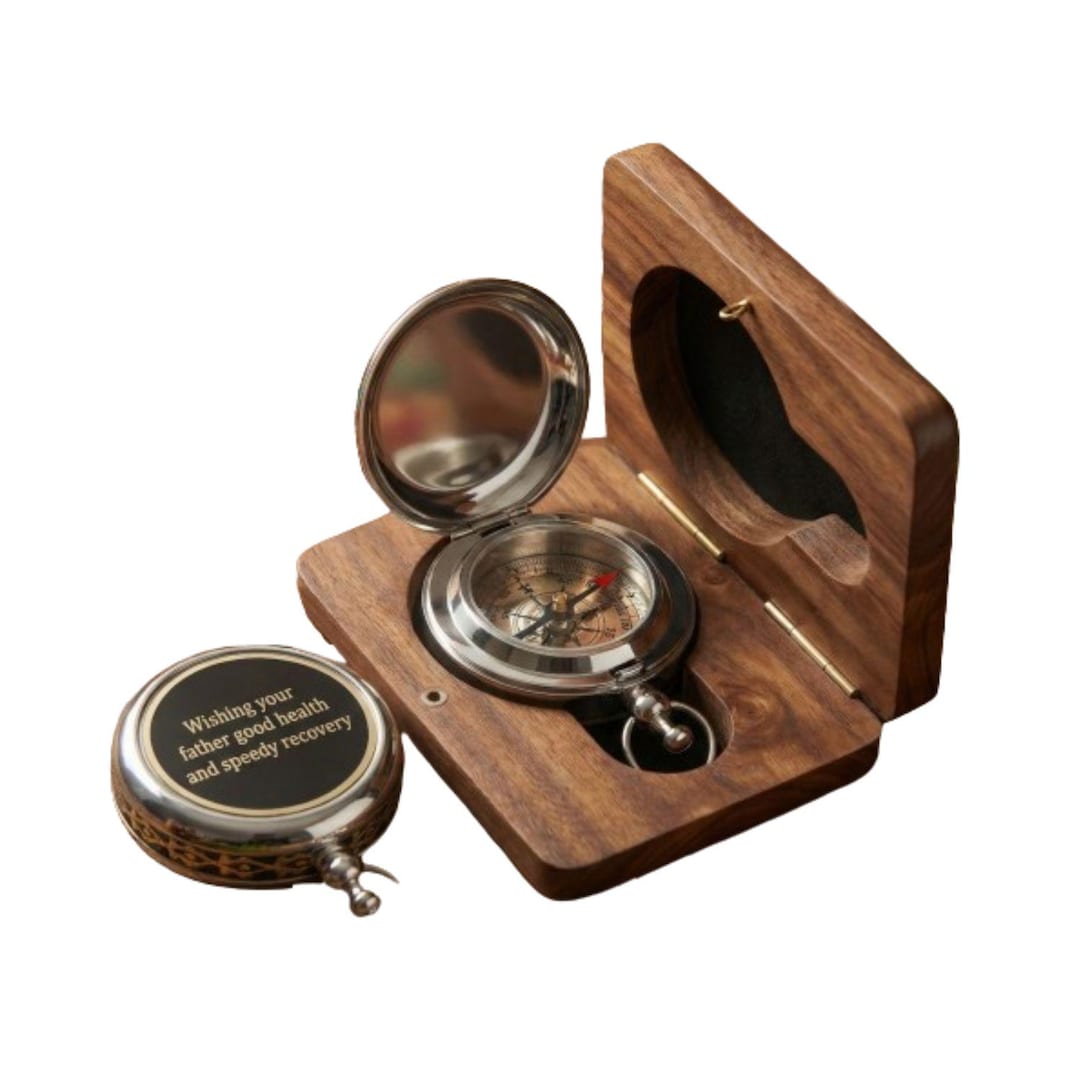 Silver Pocket 3 Inch Compass With Custom Engraving Vintage Wooden Box ...