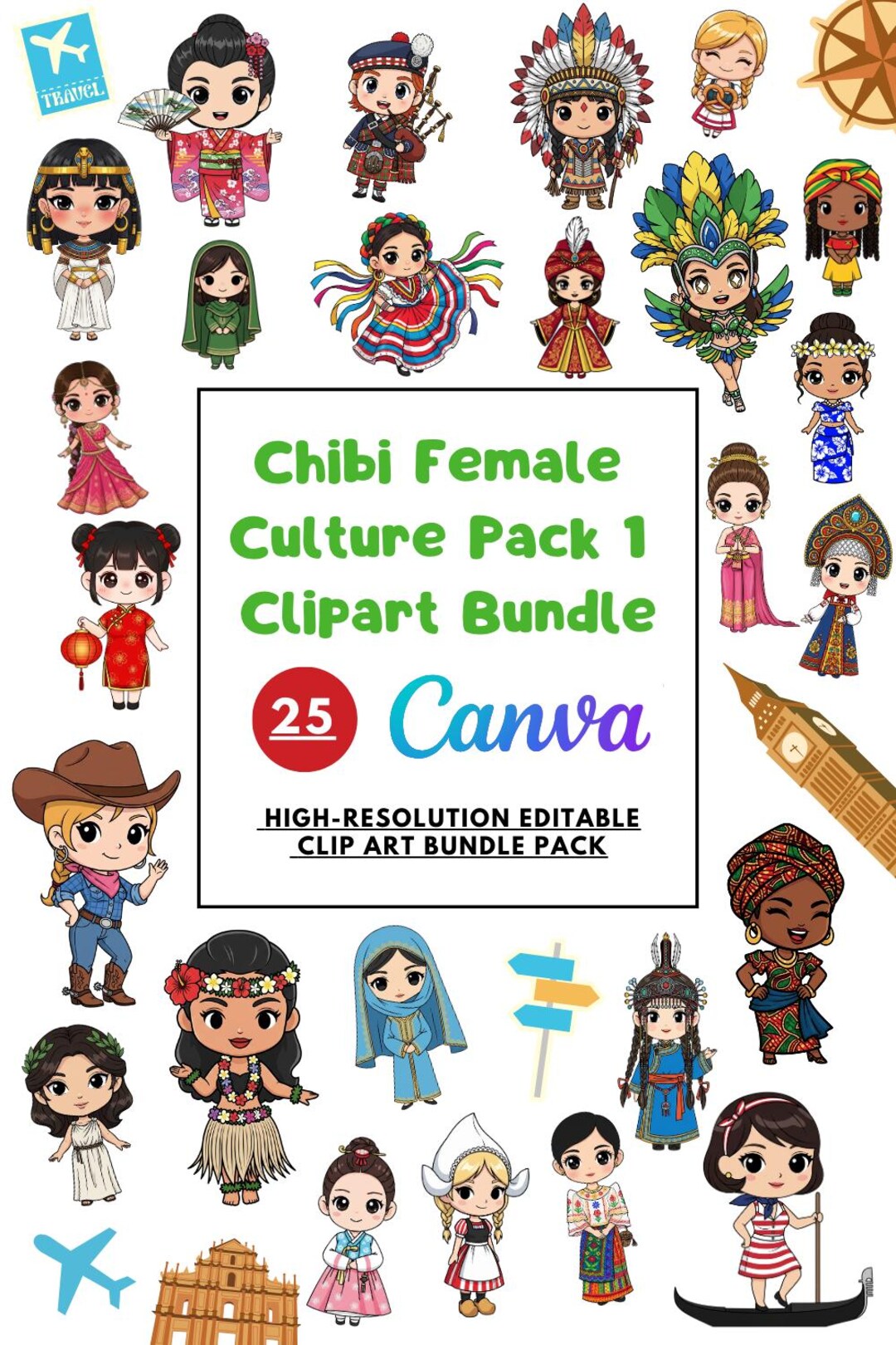 Chibi Cultural Women Clipart Bundle: International Outfits (PNG ...
