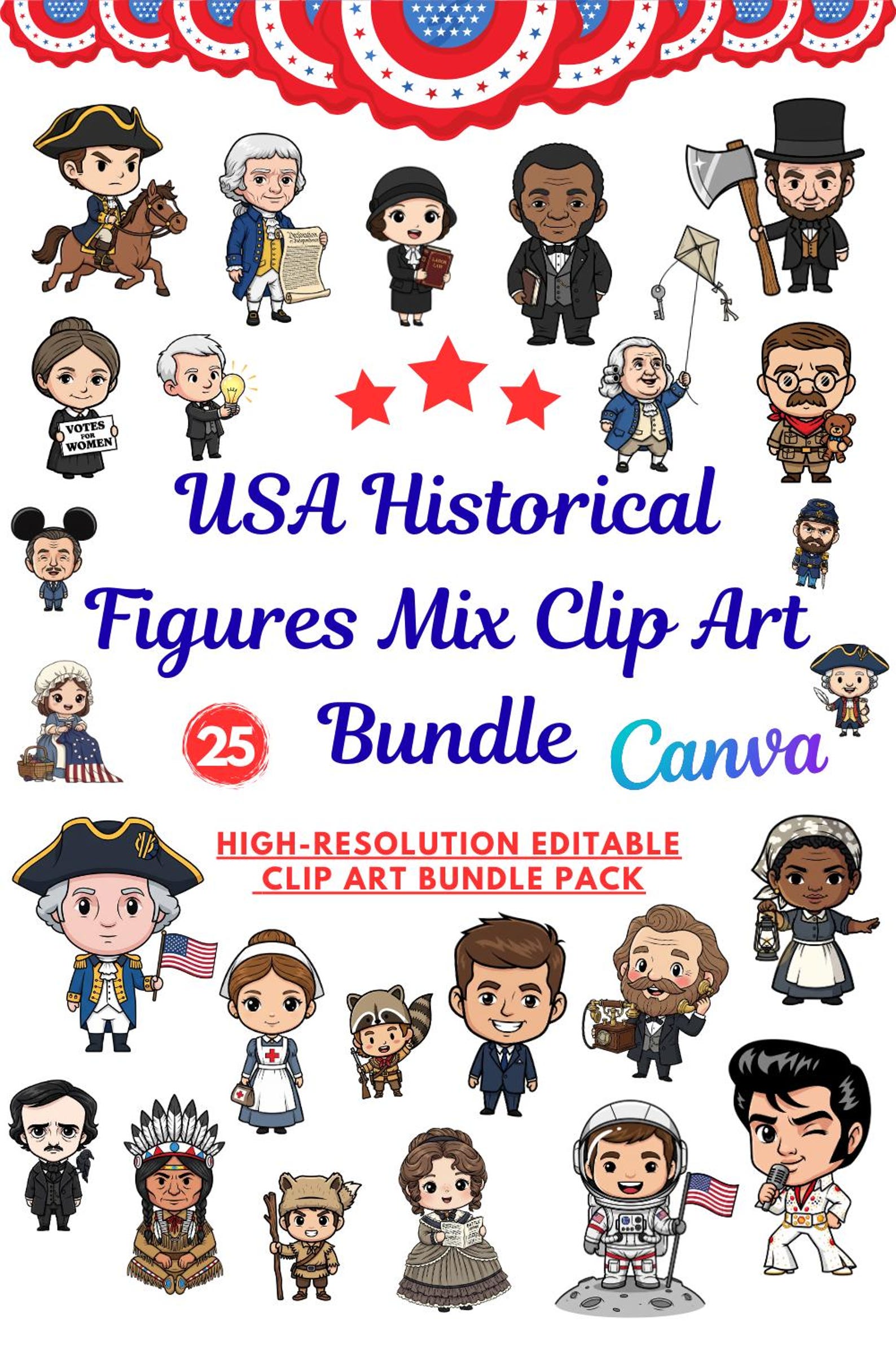 25 Chibi USA Historical Figures Clip Art Bundle | Cute American History ...