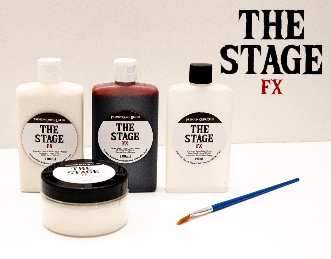 STAGE FX 100ml 4 Piece SET Scar Wax Fake Blood Liquid Latex Skin Glue ...