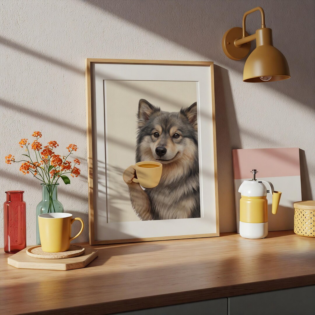 Wolf Sable Finnish Lapphund Coffee Art Print, Quirky Dog Mom Gift ...