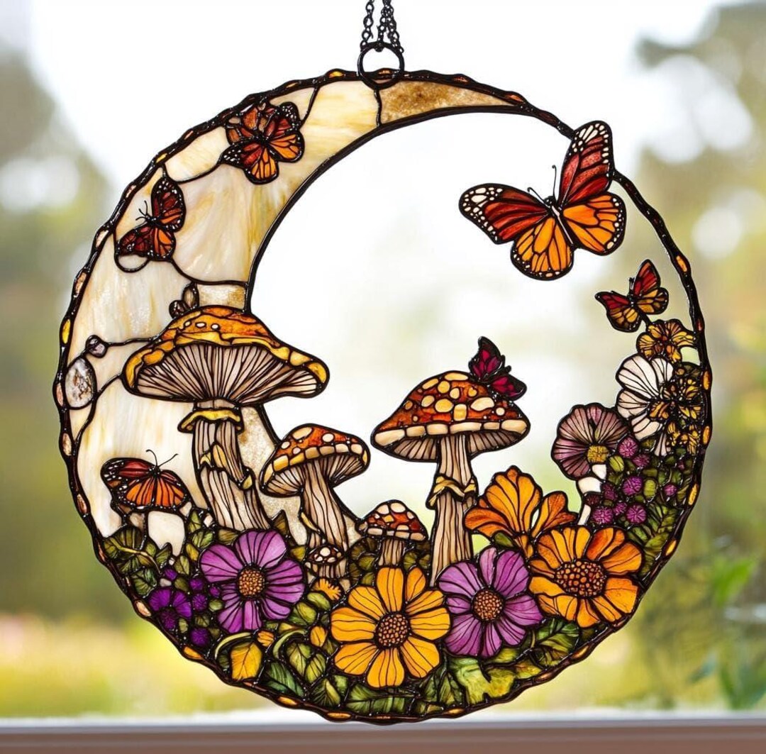 Moonlight Mushrooms Faux Stained Glass Suncatcher – Enchanted Woodland ...