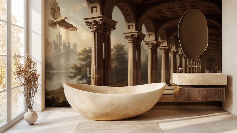 Vintage Architectural Mural Wallpaper: Classical Columns, Dove & Castle ...