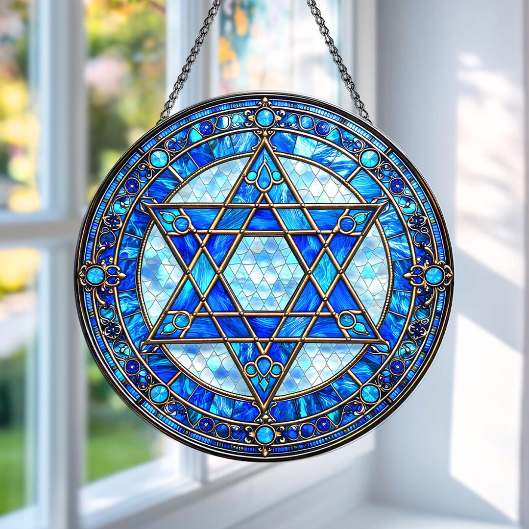 Stained Glass Star of David Window Hanging, Blue Sacred Geometry Window ...