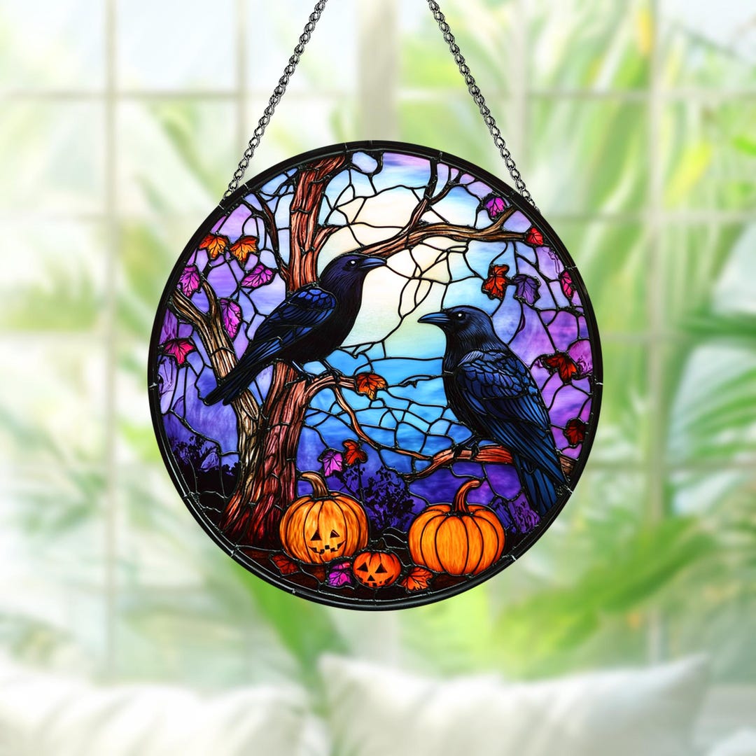 Stained Glass Window Hanging Crows on Tree With Pumpkins and Sunset Sky ...