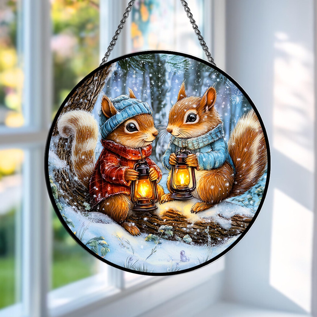 Winter Squirrel Stained Glass Window Hanging, Christmas Forest Decor ...
