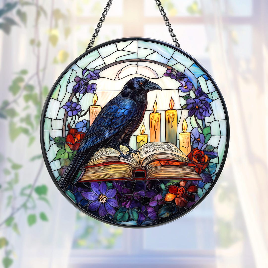 Stained Glass Raven Window Hanging Decoration With Candles, Open Book ...