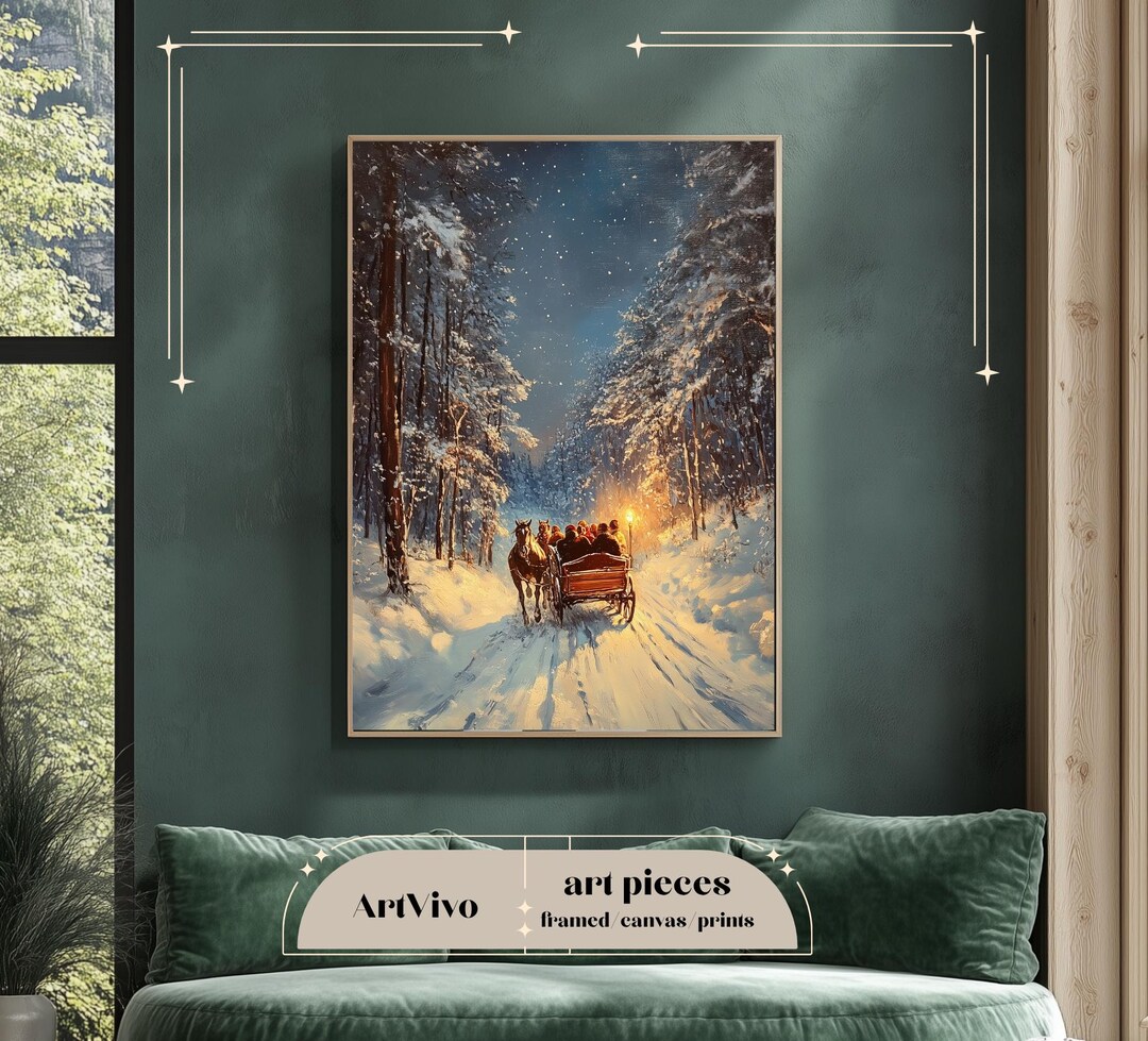 Vintage Christmas Sleigh| Printable Winter Wall Art | Snowy Forest Ride ...