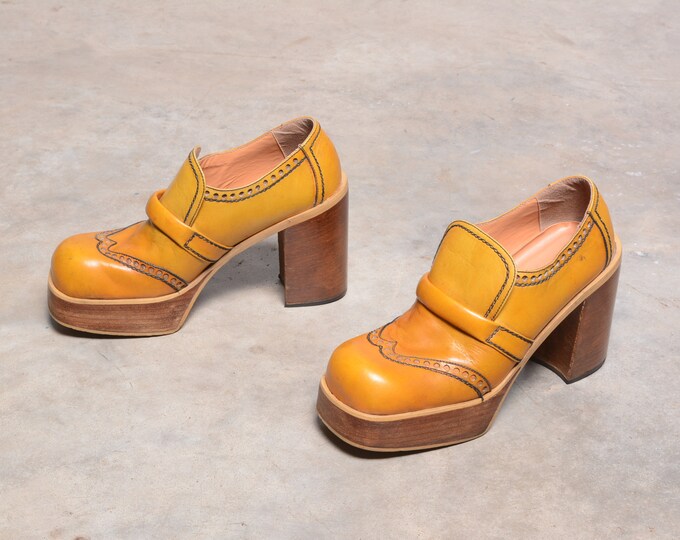 Vintage 70s Platform Shoes Men High Heel Glam Rock Mustard Yellow ...